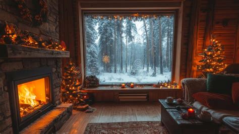 Cozy Cabin Christmas Scene With Fireplace And Winter View Stock
