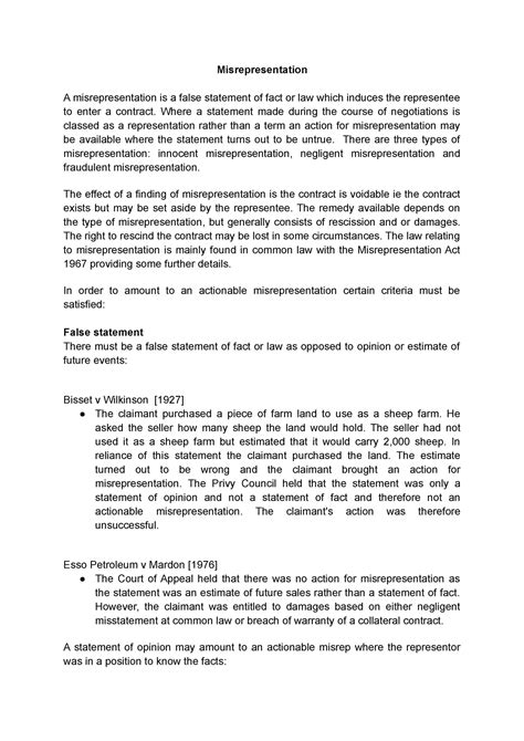Misrepresentation Notes Misrepresentation A Misrepresentation Is A False Statement Of Fact Or