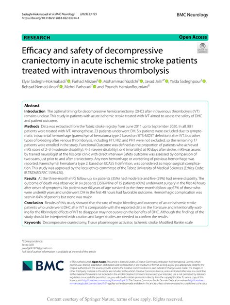 Pdf Efficacy And Safety Of Decompressive Craniectomy In Acute Ischemic Stroke Patients Treated
