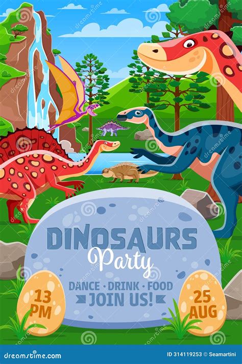 Dino Party Flyer Met Cartoon Dinosaurussen In Jungle Vector Illustratie Illustration Of