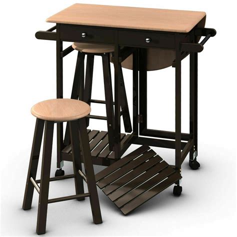Wood Kitchen Island Rolling Cart Set With Drop Leaf Table And Stools