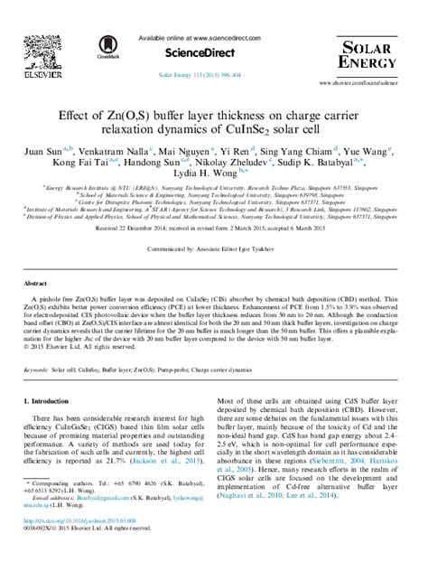 Pdf Effect Of Zn O S Buffer Layer Thickness On Charge Carrier Relaxation Dynamics Of Cuinse2