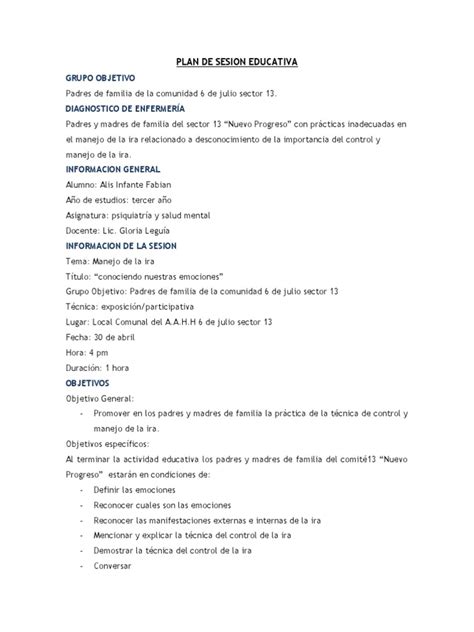 Plan de Sesion Educativa: Grupo Objetivo Diagnostico de Enfermería ...