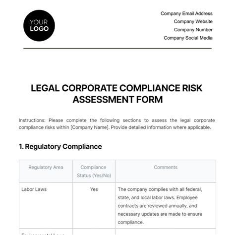 Legal Corporate Compliance Risk Assessment Form Template Edit Online