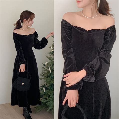 아더먼데이 투웨이🖤연말룩 Made 유앤미 하트넥 벨벳 롱원피스 원피스블라우스 겨울 하객룩 데이트룩 오프숄더 뒷리본