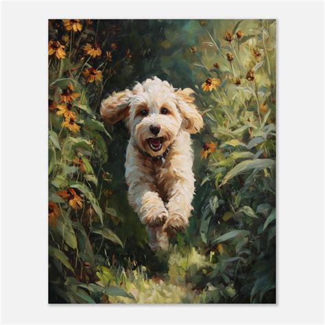 Cream Cockapoo Cavapoo Wall Art Print Oil Painting Style Forest Theme