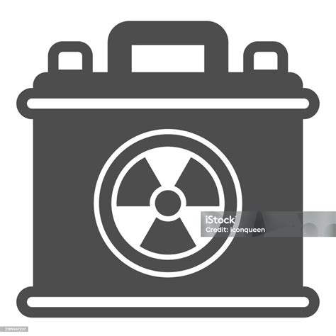 방사능 씰이 있는 전기 축압기 솔리드 아이콘 원자력 개념 벡터 그래픽 배터리 컨테이너 흰색 배경에 방사선 기호 모바일 또는 웹용
