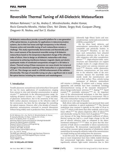Pdf Reversible Thermal Tuning Of All Dielectric Metasurfaces