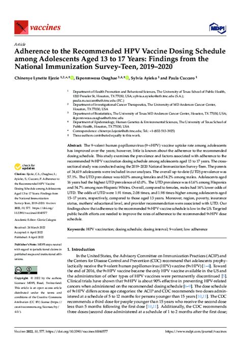 Pdf Adherence To The Recommended Hpv Vaccine Dosing Schedule Among Adolescents Aged 13 To 17