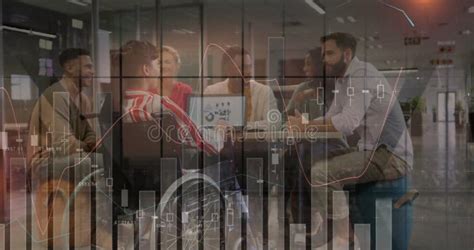 Image Of Data Processing And Diagrams Over Disabled And Diverse Colleagues Talking In Office