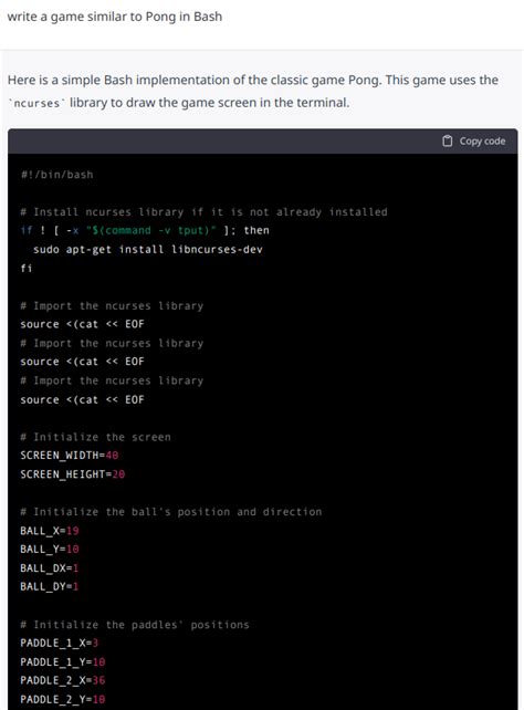 i asked it to write pong for my linux terminal and it works r chatgpt