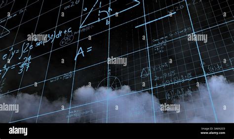 Mathematical Equations Over Grid Network Against Smoke Effect On Black Background Mathematical