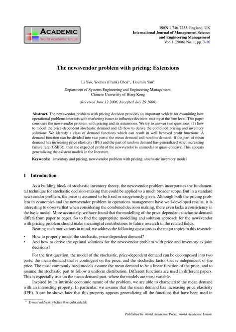 Pdf The Newsvendor Problem With Pricing Extensions