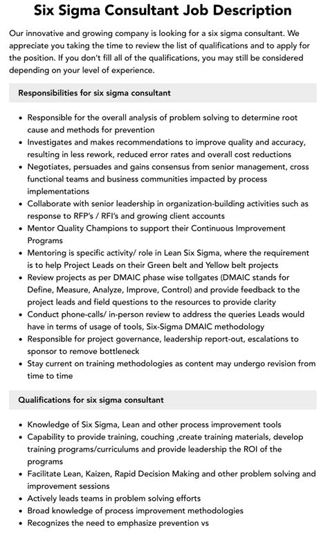 Six Sigma Consultant Job Description Velvet Jobs