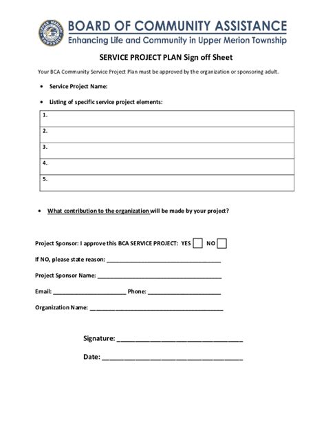 Fillable Online Service Project Plan Sign Off Sheet Fax Email Print