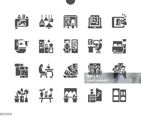 인테리어 디자인 배경 화면을 선택합니다 홈 장식 램프 식물과 장식 욕실 주방 거실 및 침실 벡터 솔리드 아이콘입니다 간단한 그림