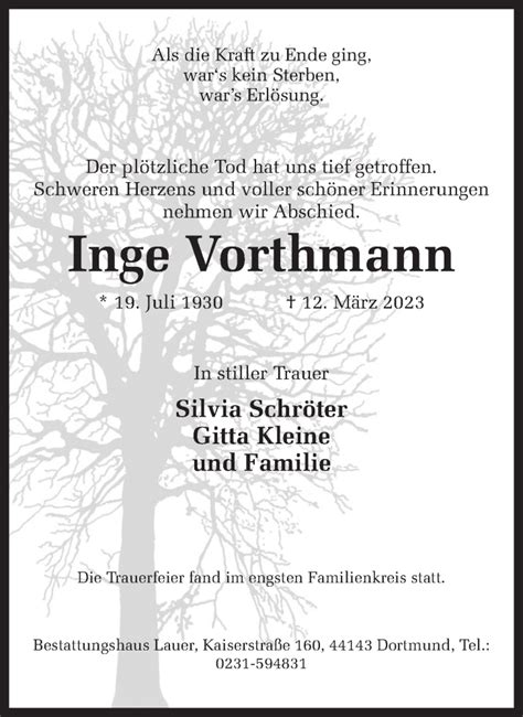 Traueranzeigen Von Inge Vorthmann Sich Erinnern De