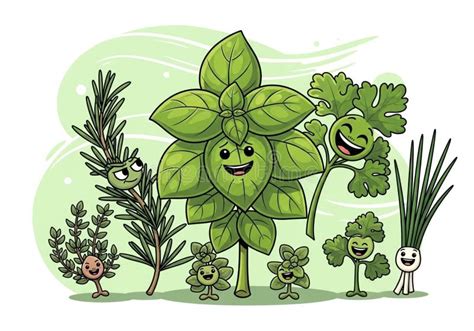 Cartoon Illustration Of Various Herbs With Smiling Faces Including