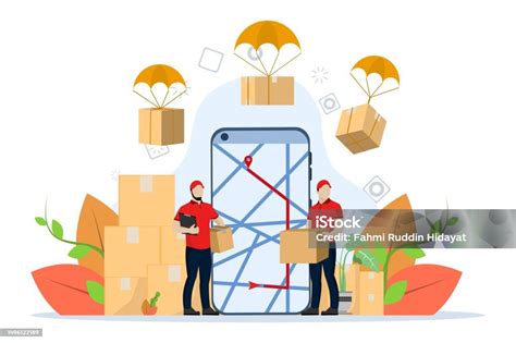 온라인 배달 서비스 개념 고객에게 패키지 배달 택배 표시 랜딩 페이지 Ui 웹 앱 소개 카드 사설 전단지 및 배너 벡터 일러스트레이션에 적합합니다 감시에 대한 스톡 벡터