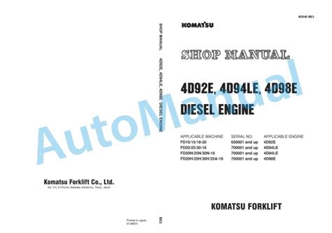 Komatsu 4d92e 4d94le 4d98e Diesel Engine Shop Manual 4d94e Be3