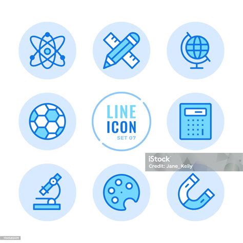 학교 과목 벡터 라인 아이콘을 설정 합니다 수학 물리학 화학 스포츠 지리 개요 기호입니다 선형 얇은 선 스타일 간단한 스트로크 개요 웹 디자인 웹 사이트 모바일 앱에 대 한