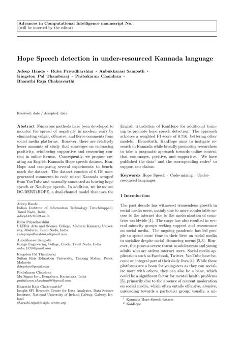 Pdf Hope Speech Detection In Under Resourced Kannada Language
