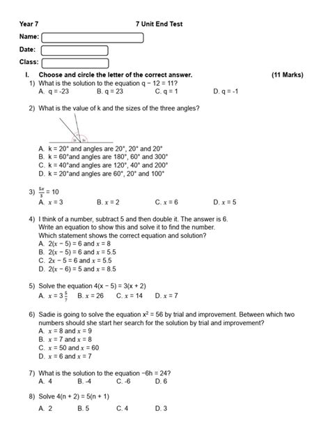 year 7 7 unit end test pdf equations area