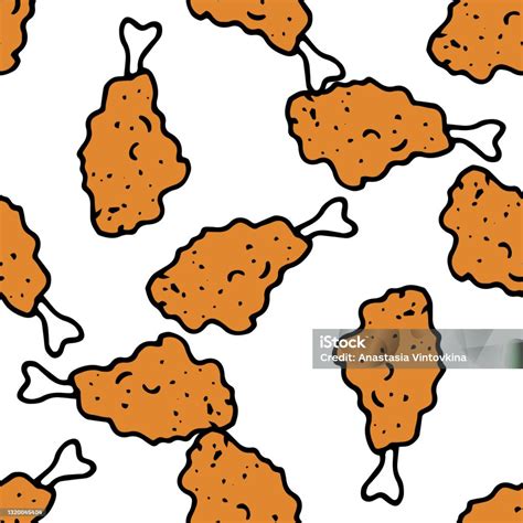 빵 부스러기에 매운 닭 다리의 패턴 디자인 템플릿을 위한 향신료 질감의 점으로 흰색 배경에 뼈에 빵을 구운 갈색 낙서 스타일로 무작위로 배열 된 닭 다리의 매끄러운 패턴 닭