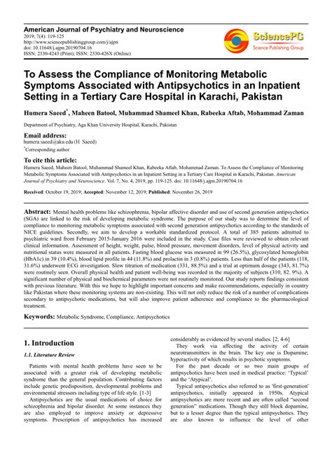 Pdf To Assess The Compliance Of Monitoring Metabolic Symptoms Associated With Antipsychotics