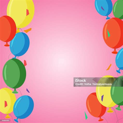 인사말 카드 배너 템플릿입니다 분홍색 배경에 여러 가지 빛깔의 풍선 인사말 프레임 개념에 대한 스톡 벡터 아트 및 기타 이미지 개념 공휴일 구도 Istock