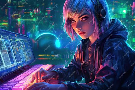 Premium Photo Cyberpunk Hacker Anime Girl With An Edgy Haircuy Typing