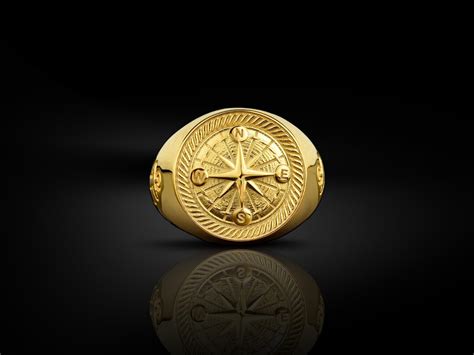 Northstar Compass 10k Gold Men Rings Compass Signet Ring With Engraved Anchor On Side 14k Gold