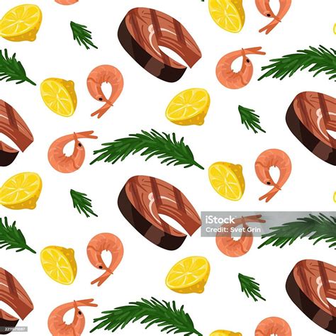 생선 스테이크와 새우 패턴 흰색에 레몬과 로즈마리 해산물 레스토랑의 메뉴를 장식하는 데 적합합니다 완성 된 바베큐 제품과 벡터 완벽 한 질감 0명에 대한 스톡 벡터 아트 및