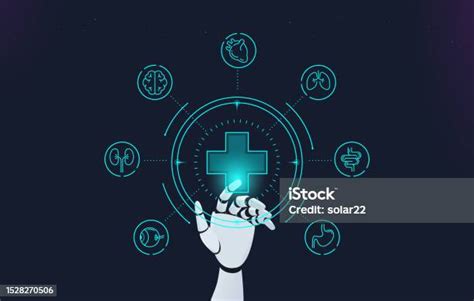 Ai 로봇은 병원 아이콘과 내부 장기가 있는 홀로그램 버튼을 만지고 있다 환자를 치료하는 데 도움이 되는 인공 지능 기술의 사용에 대한 개념 그림입니다 3차원 형태에 대한