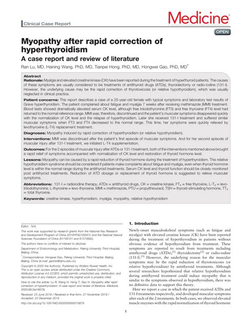 Pdf Myopathy After Rapid Correction Of Hyperthyroidism A Case Report And Review Of Literature