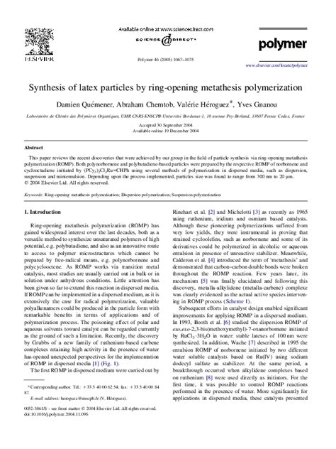 Pdf Synthesis Of Latex Particles By Ring Opening Metathesis Polymerization