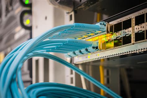 광섬유 케이블은 주 라우터의 포트에 포함되어 있습니다 주 전선은 데이터 센터의 모듈식 인터페이스에 연결됩니다 스위칭 장비는 서버룸에서 작동합니다 0명에 대한 스톡 사진 및