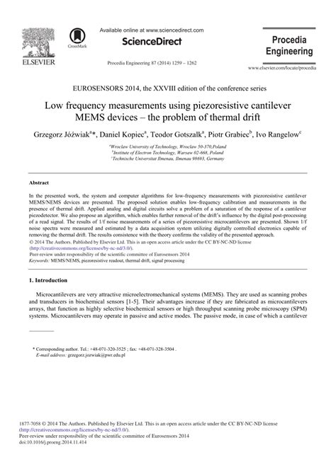 Pdf Low Frequency Measurements Using Piezoresistive Cantilever Mems Devices The Problem Of