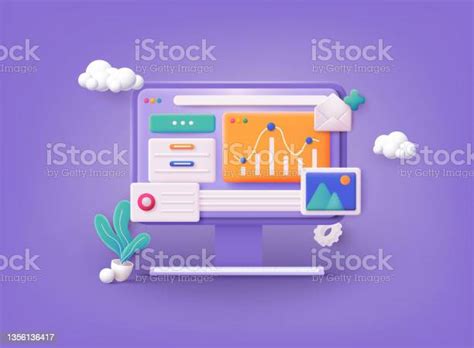 열린 페이지가 있는 컴퓨터입니다 웹용 방문 페이지 템플릿입니다 데이터 분석 대시보드 및 비즈니스 재무 보고서 3d 웹 벡터