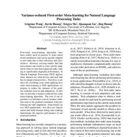 Variance Reduced First Order Meta Learning For Natural Language Processing Tasks Acl Anthology