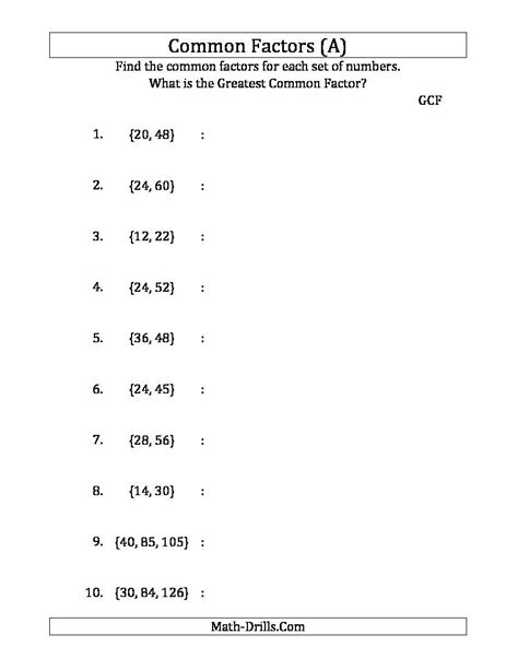 Worksheets Greatest Common Factor