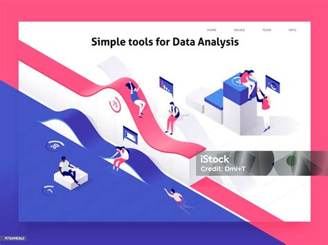 차트 및 분석 통계 및 데이터와 상호 작용 하는 사람들 방문 페이지 템플릿입니다 3 차원 Isometric 벡터 일러스트입니다 3차원 형태에 대한 스톡 벡터 아트 및 기타