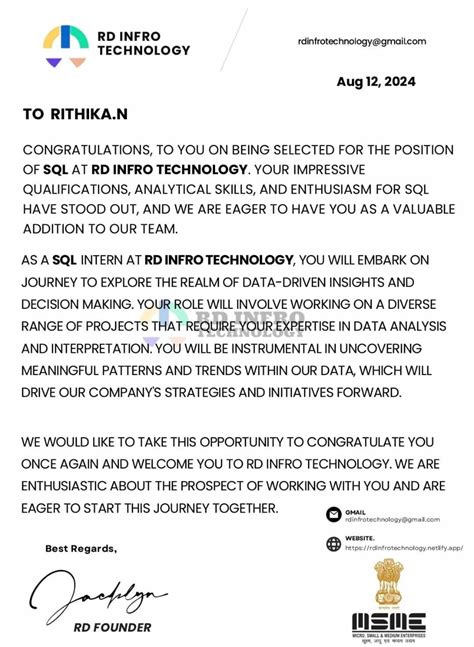 Rithika N On Linkedin Rdinfrotechnology Sql Internship Connections Tech Innovations