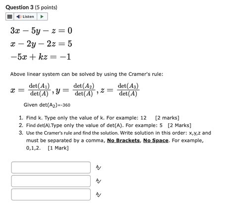 Solved Question 3 5 Points 3x−5y−z0x−2y−2z5−5xkz−1