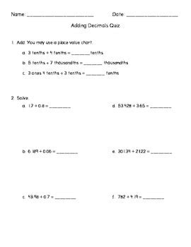 Adding Decimals Quiz Common Core Aligned By Olivia Taylor TPT