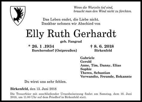 Traueranzeigen Von Elly Ruth Gerhardt Rz Trauerde