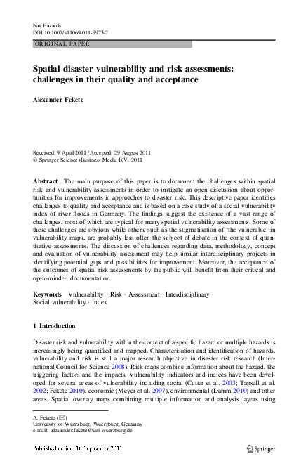 Pdf Spatial Disaster Vulnerability And Risk Assessments Challenges In Their Quality And