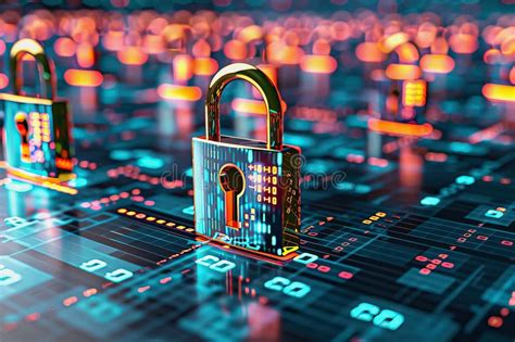 Neon Lit Padlock With Data Lines And Binary Code In Digital Space Stock