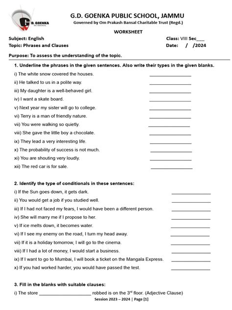 Phrases And Clauses Class 8 Worksheet Pdf Adverb Linguistics