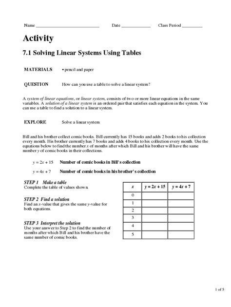 fillable online activity 7 1 solving linear systems using tables fax